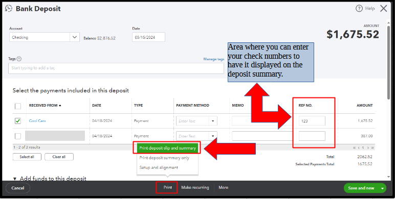 How do I get the check numbers to print on a bank deposit slip?