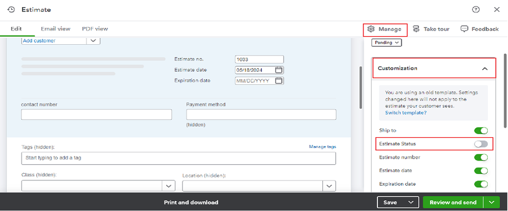 How do I turn off the 'accept' button on my estimates?