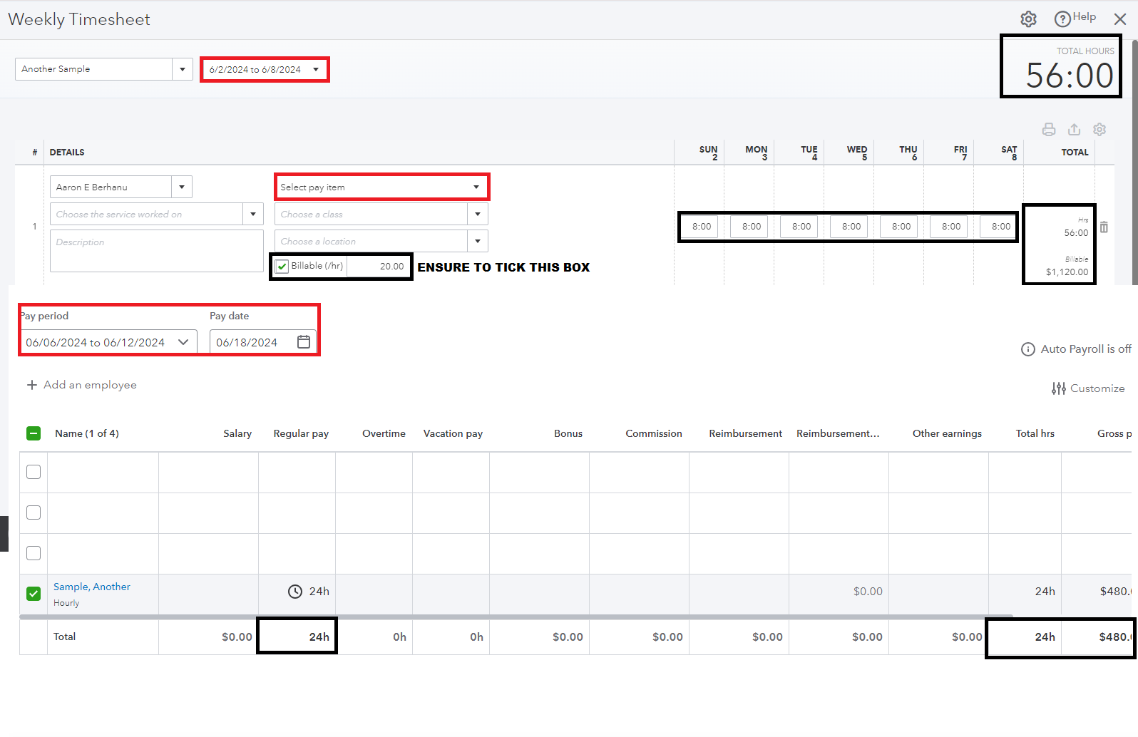 Can the weekly timesheet be used to run payroll? The time was entered ...