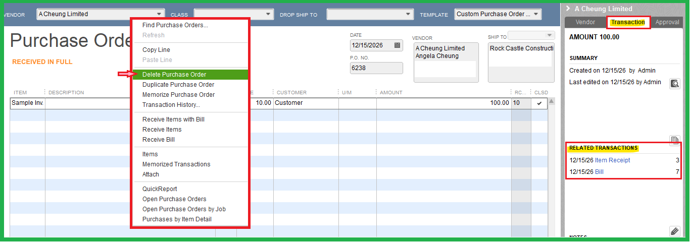 Items on PO and Inventory