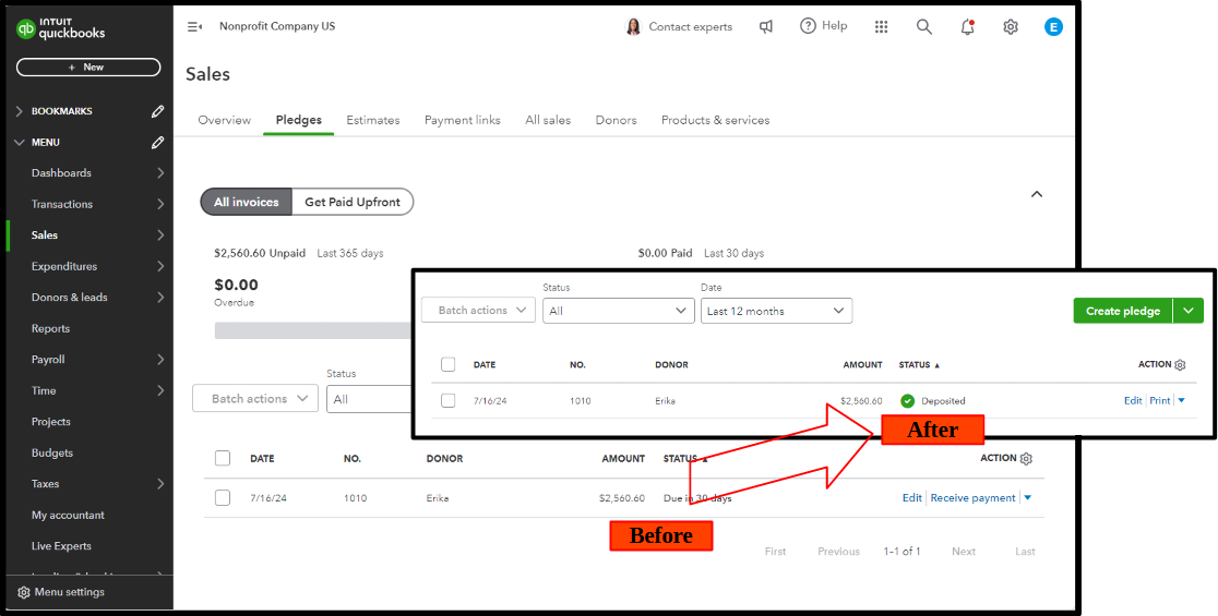 Pledge, Paid, Deposit | QuickBooks Community