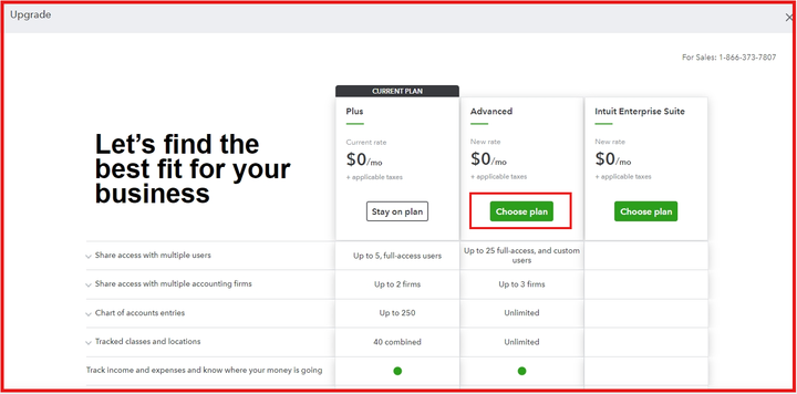 Upgrade existing QBO company to Advanced