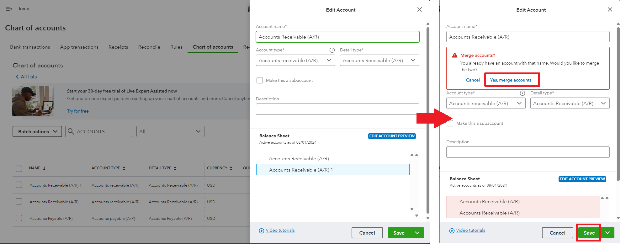 Changing default receivable account for QB online
