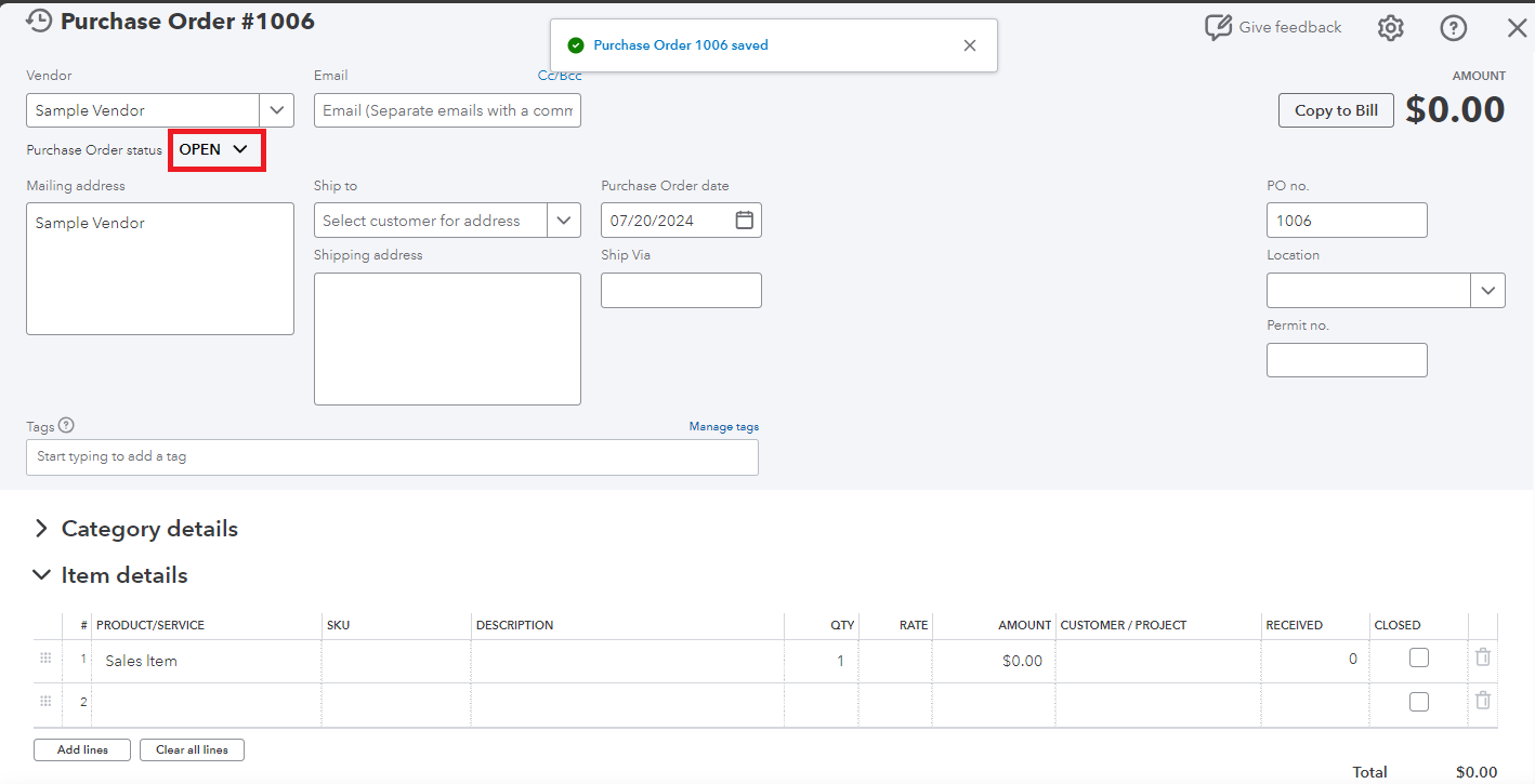 Purchase order status