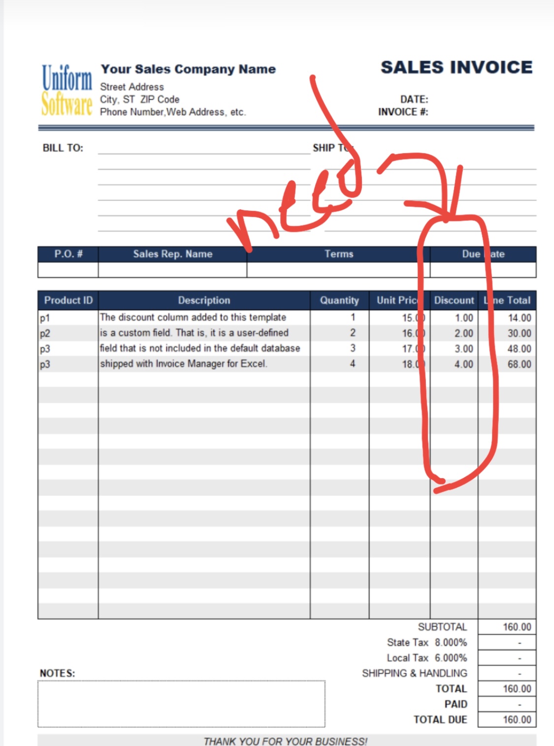 Overdue / Urgently needed a column labelled discount on invoice. The ...