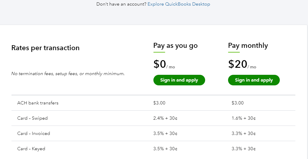 What is the fee for accepting payment with credit card through quickbooks?