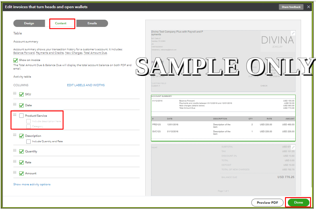 New invoice design doesn't let me remove Product/Service on the printed ...