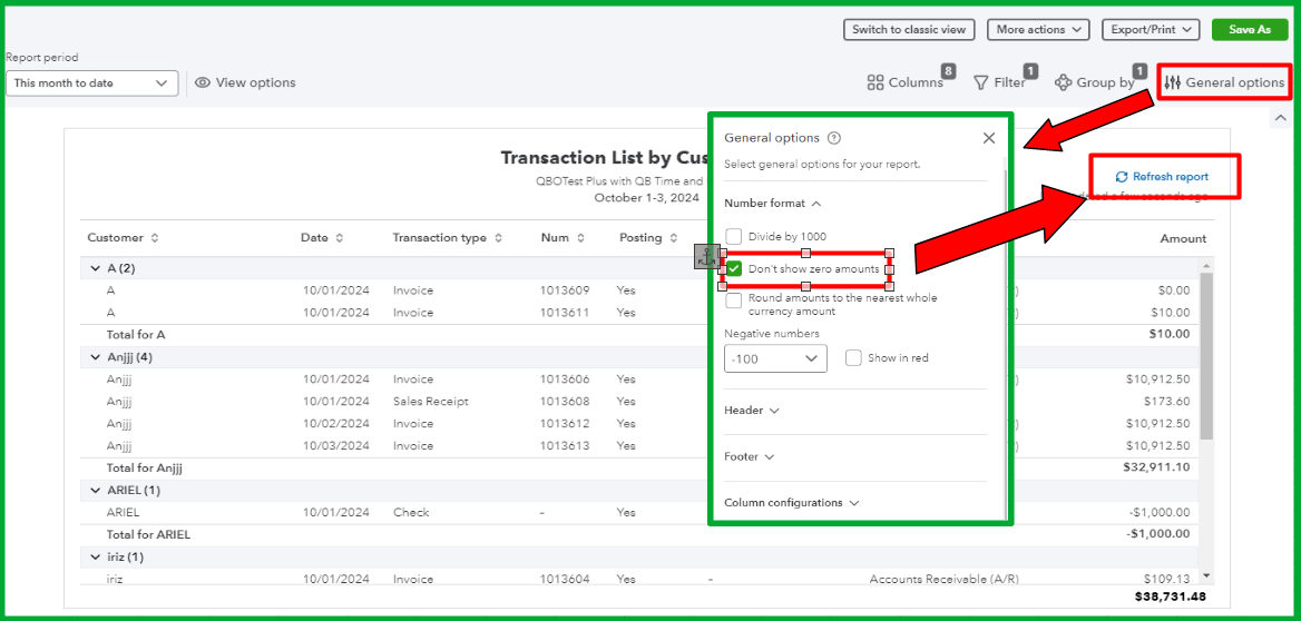 Report Filter for zero subtotal | QuickBooks Community