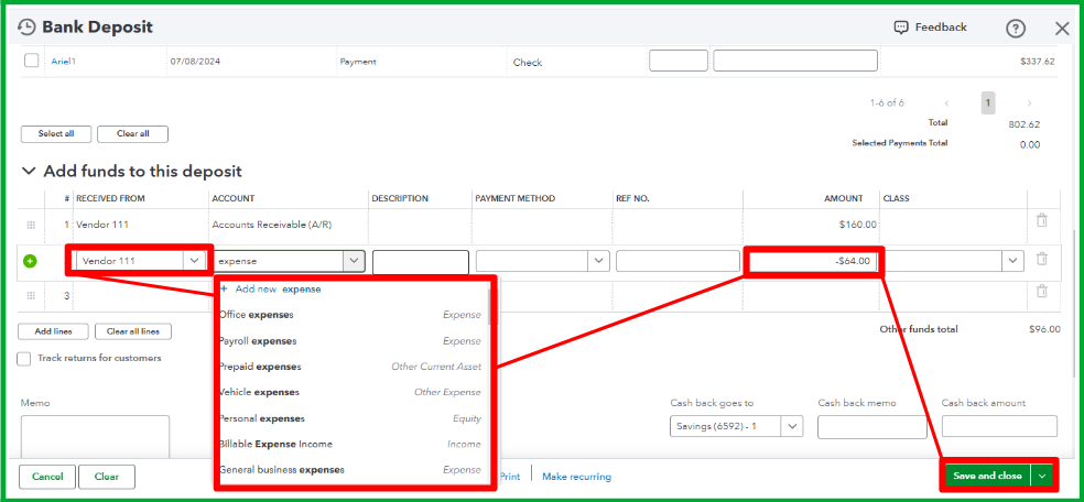 How to match a Bank Transaction to a Refund and an Expense