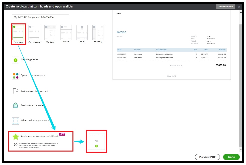 How do I add a signature image on the invoice template?