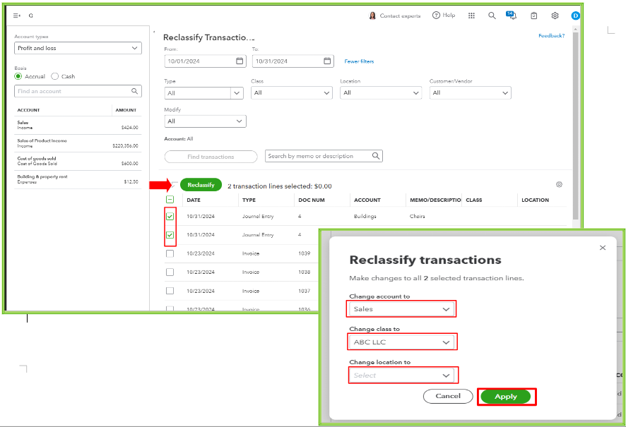 Is there a batch tool in quickbooks to reclassify transactions? I'd ...