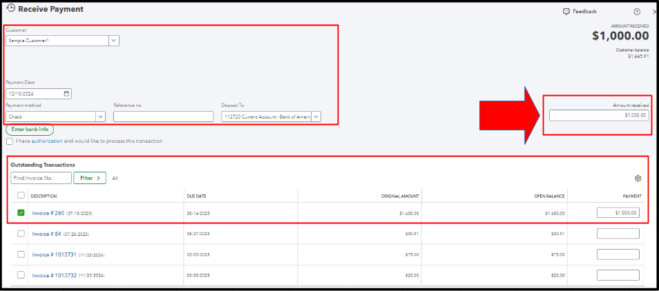 How do I subtract a received payment from an invoice that will show ...