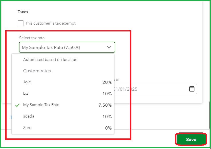 setting the default sales tax rate for all customers in Quickbooks Online