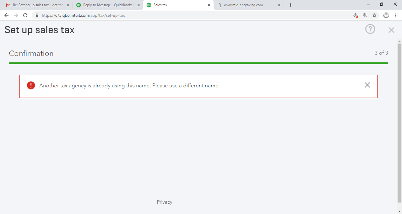 Setting up sales tax, I get the error "Another tax agency is already ...
