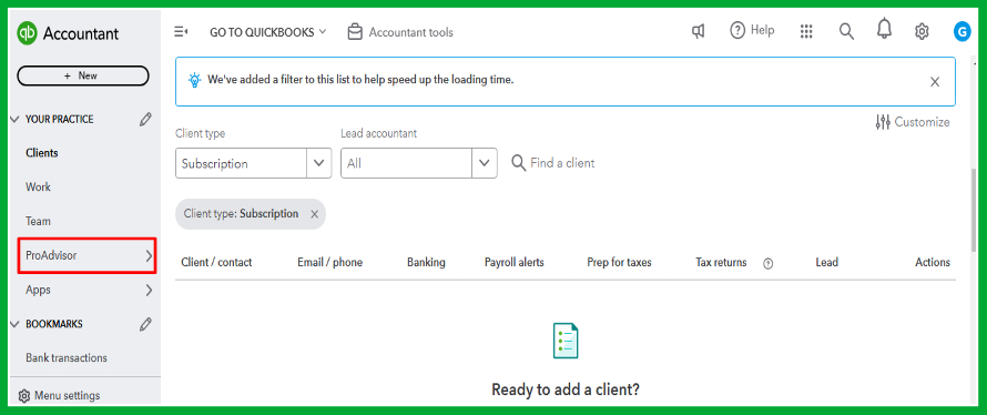I can't find proadvisor tab. I want to get quickbooks online accountant ...