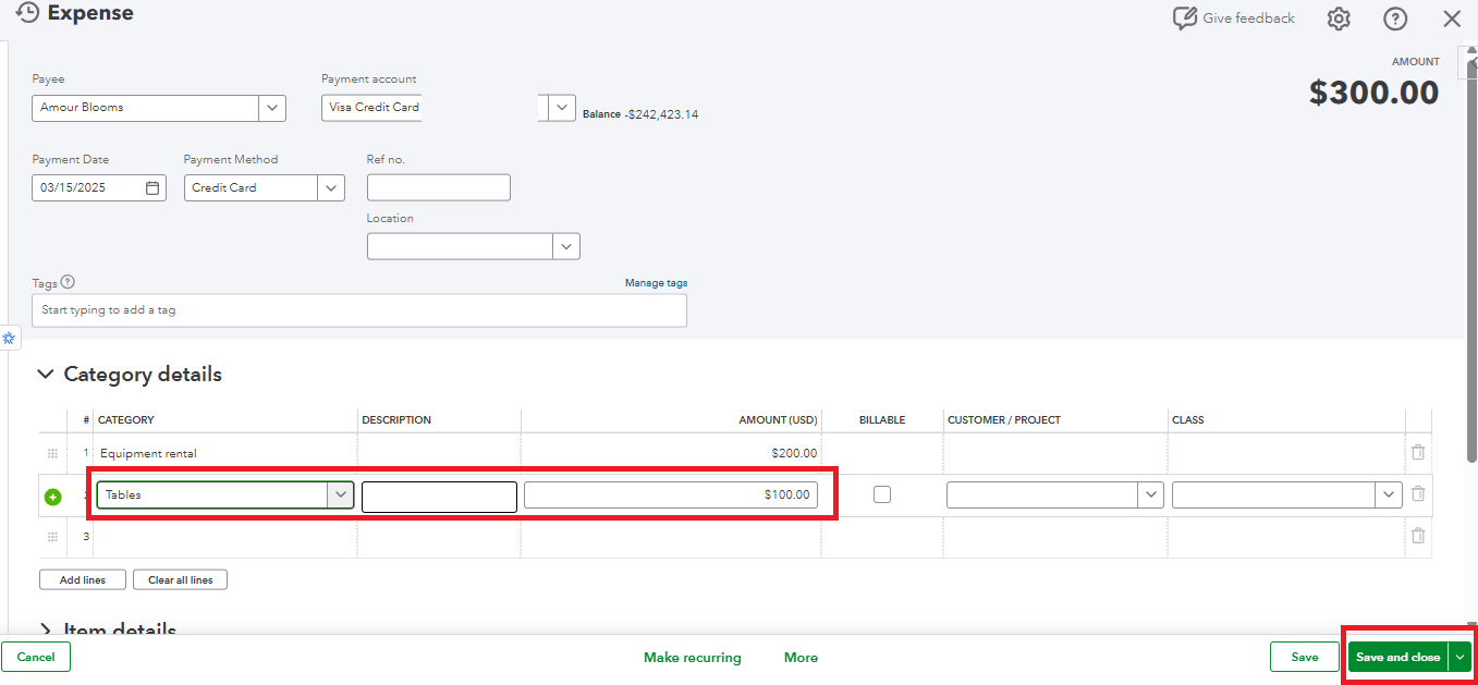 When making a manual entry for an expense in the credit card register ...