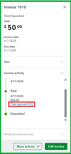 invoice not showing payment details