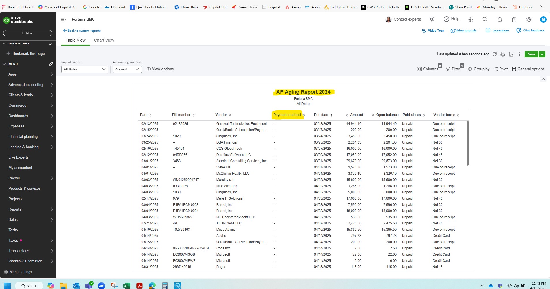 how to fill in the payment method for vendors so I can label how we pay ...