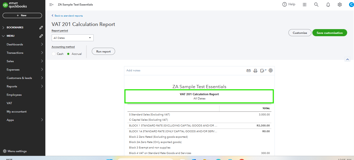 How do I change a Vat 100(UK) report to a Vat 201 (SA) report?