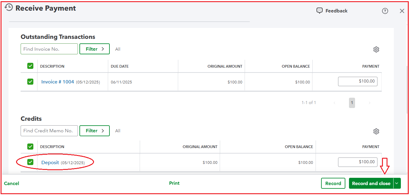 I sent a payment link, customer paid. "System-recorded deposit for ...