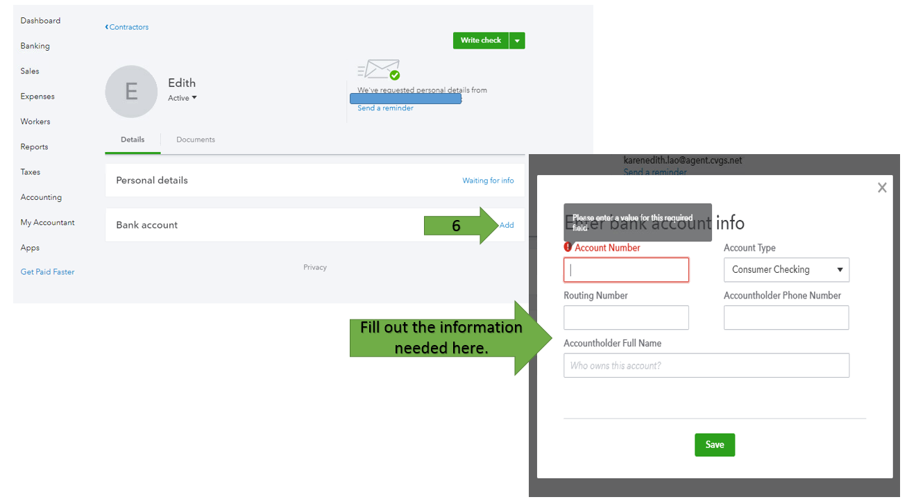 Where do you add bank info to setup using QB Contractor "payroll ...