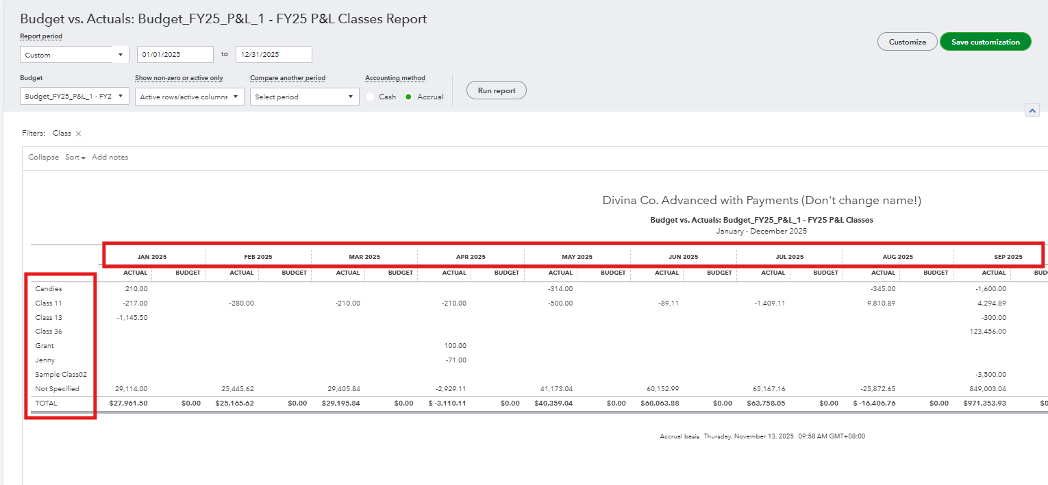 Solved: How do I run a Budget vs Class report with columns for Monthly ...