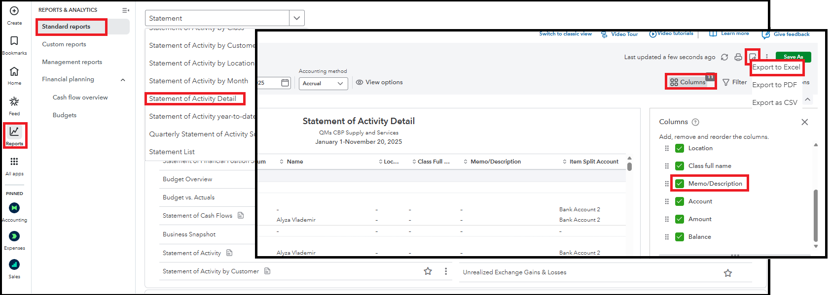 Solved: How can I filter the Statement of Activity report by "Memo ...
