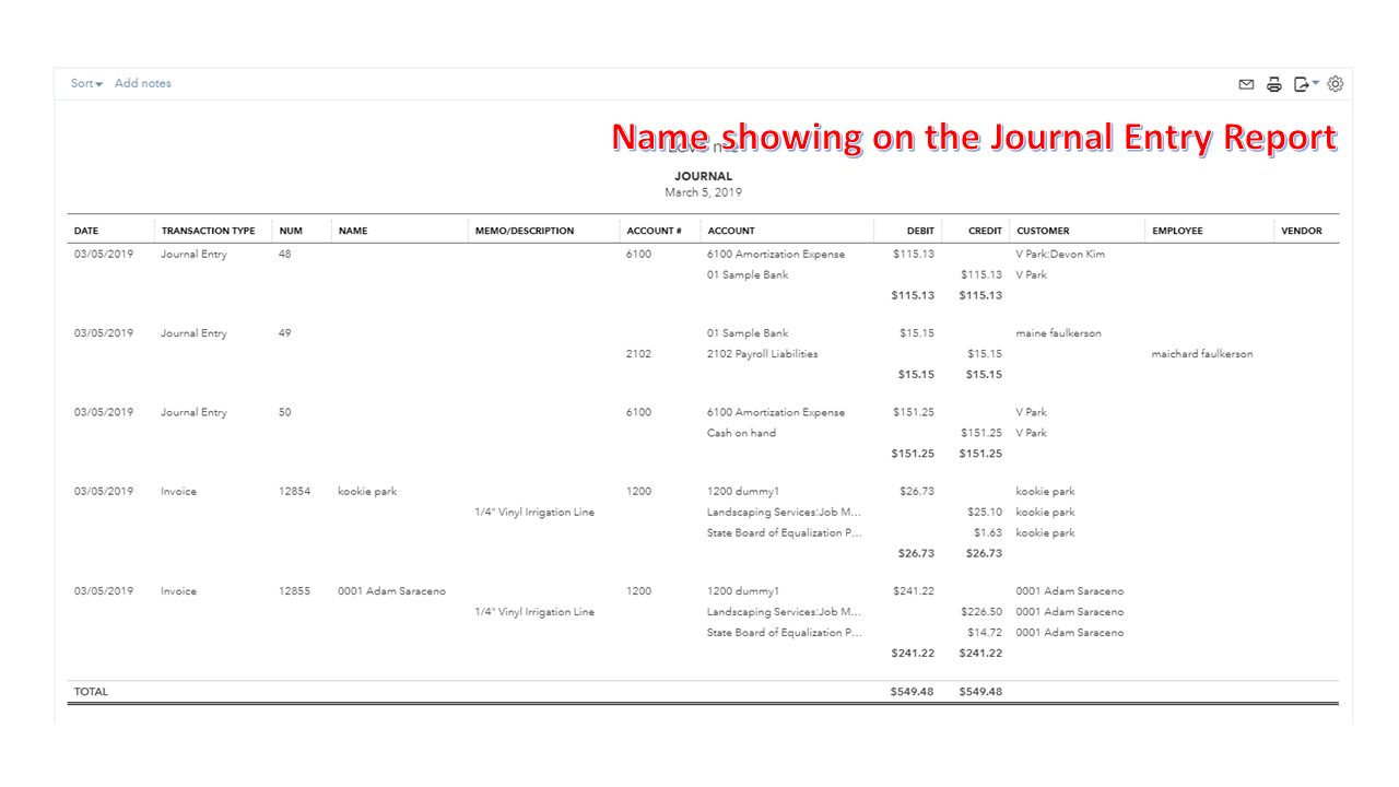 My journal entries include a Name but that name is not populated on any ...