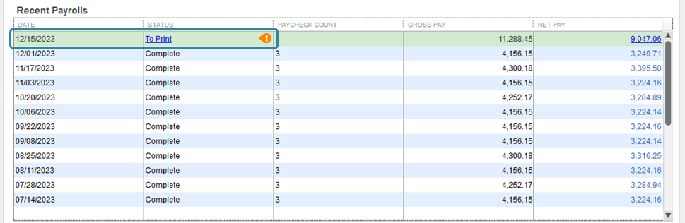 Orange exclamation point over payroll status