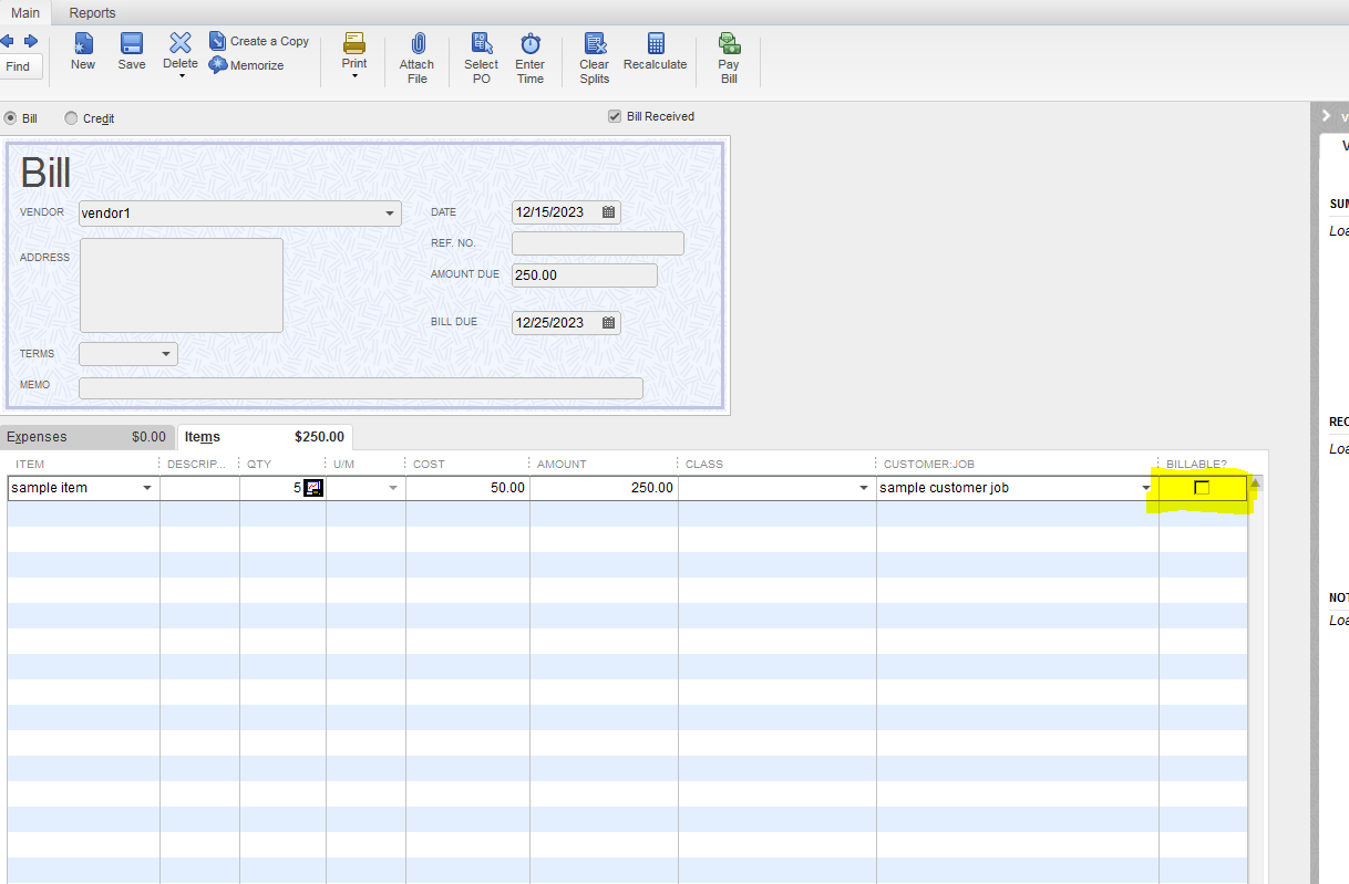 Need to disable billable check marks on bills!