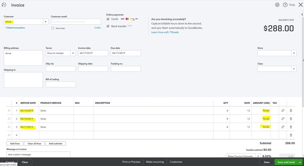 Recording warranty time and expenses in QBO