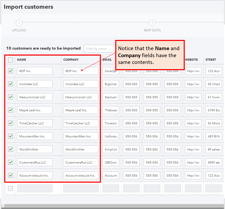 I want to import a customer file. I only have company name not personal ...