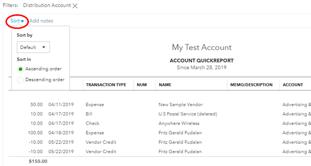 Solved: How to sort account quick report by the amount