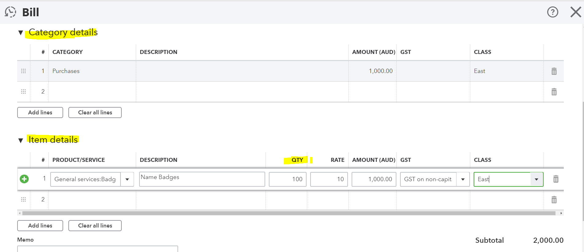 I want to be able to enter a quantity into line items on a bill but can ...