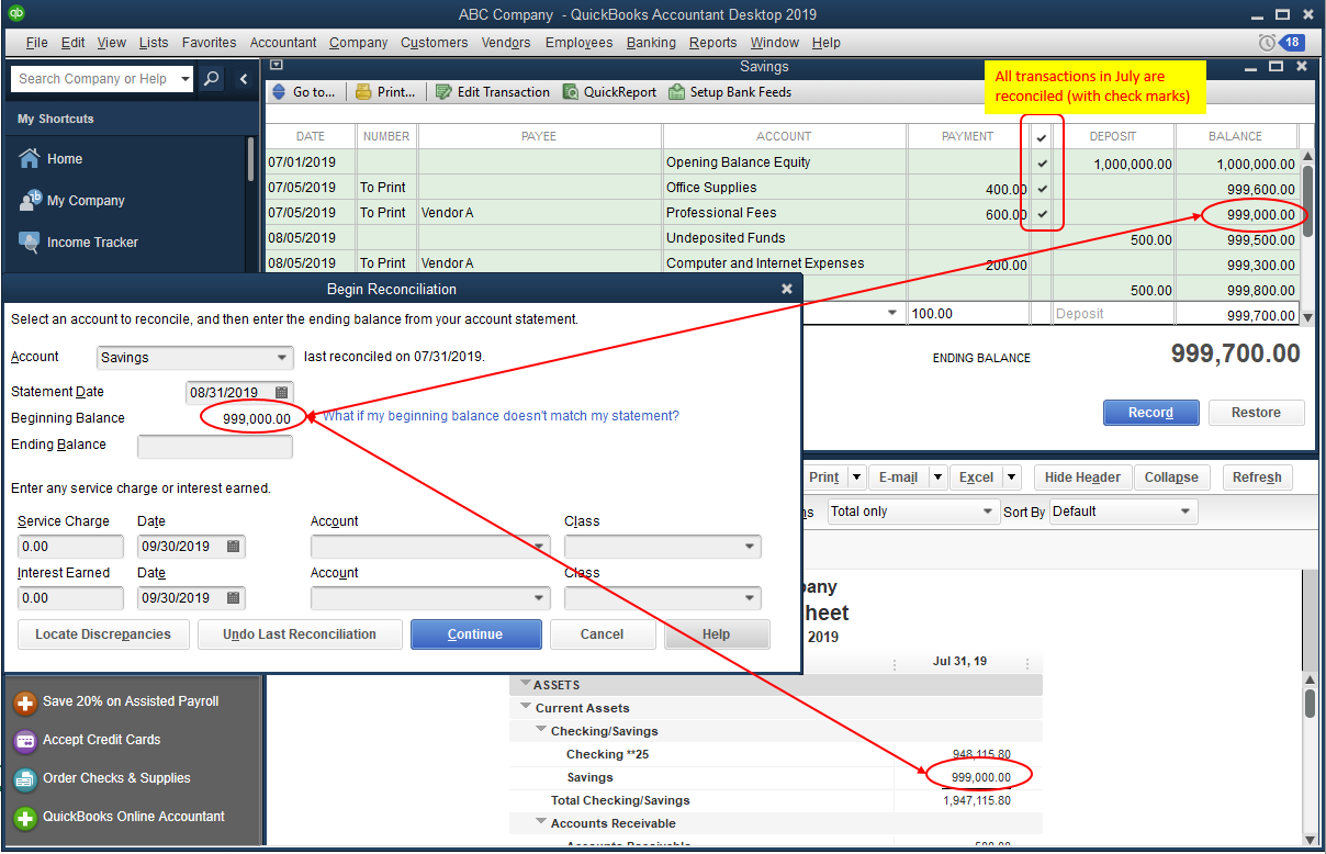Reconciled Balance vs Balance Sheet Balance
