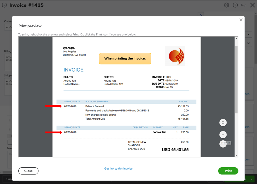 How do I get "Service Date" to show on printed invoice?