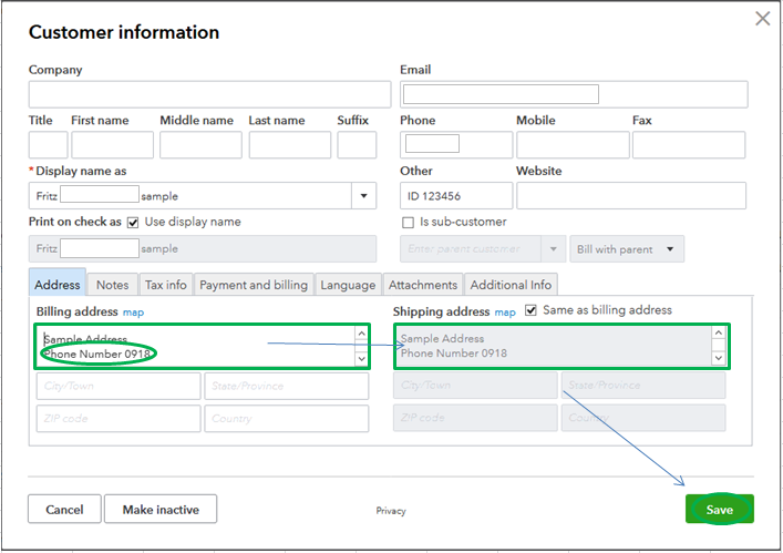 How do i put the customer phone number to is invoice
