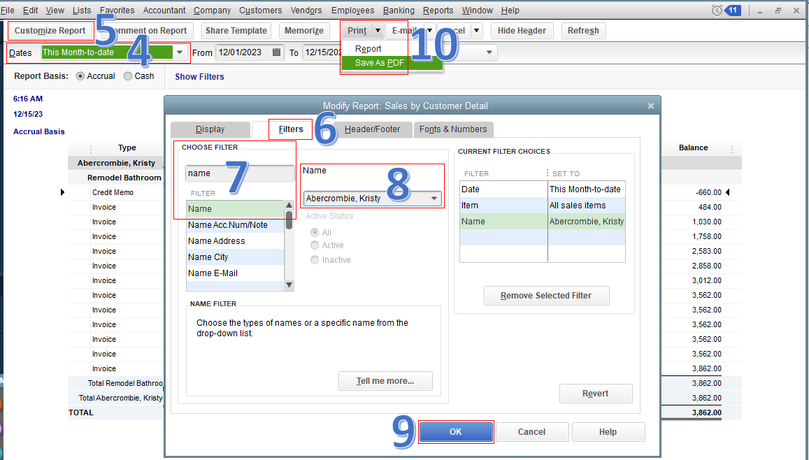 How do I print a sales report for a individual customer?