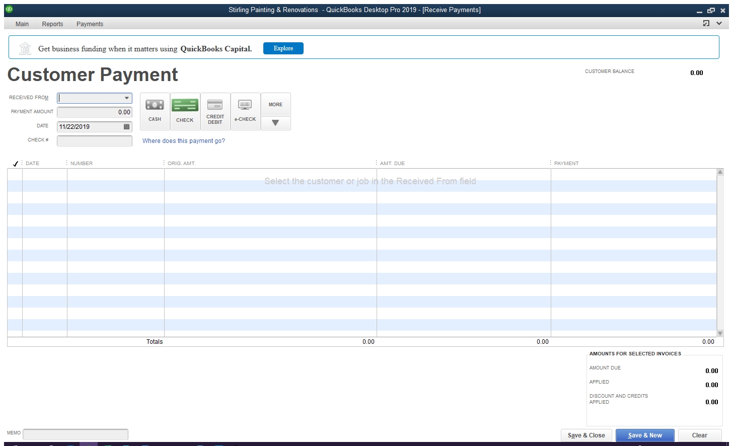 Eliminate Quickbooks Capital ad on Customer Payment screen