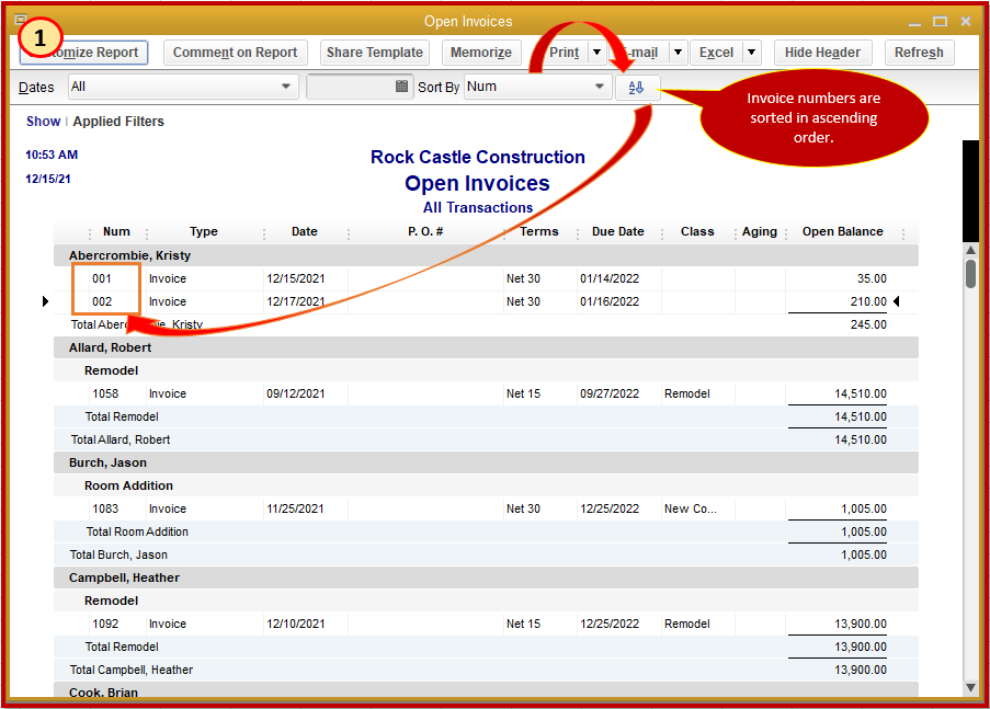 Sorting the "Open Invoices" report