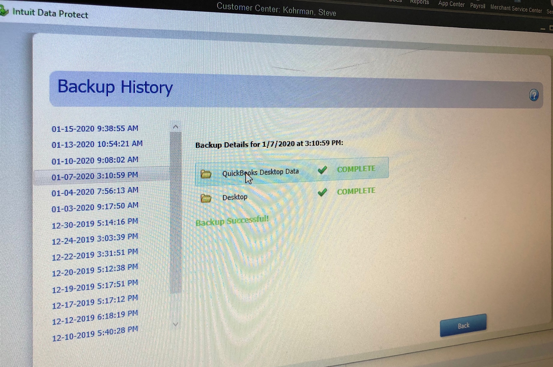 Restoring a backup in Intuit Data Protect there isnt a "Next" button ...