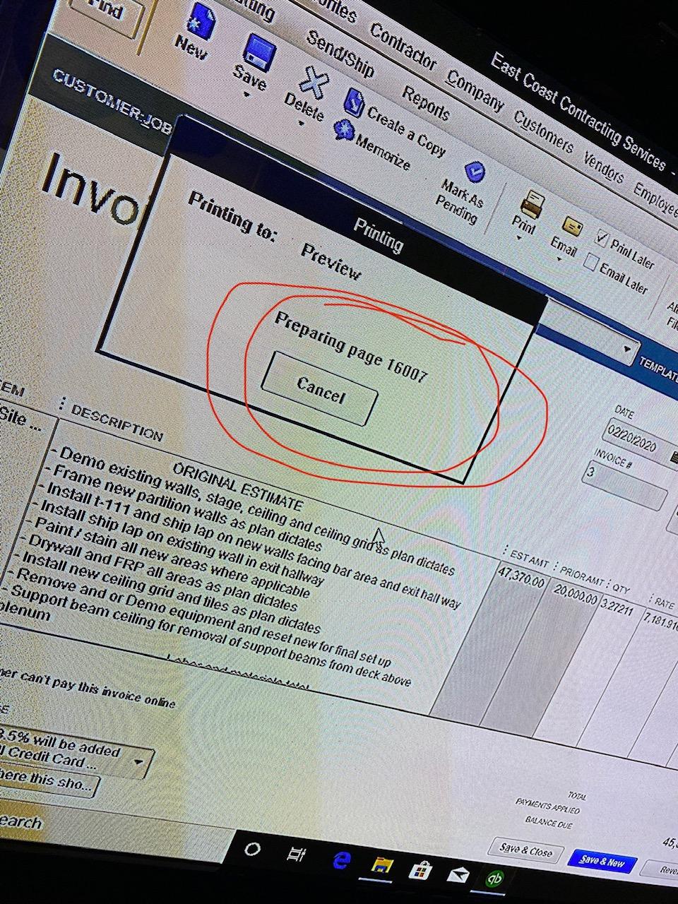 Problems after creating a new Invoice... Will not email, print preview ...
