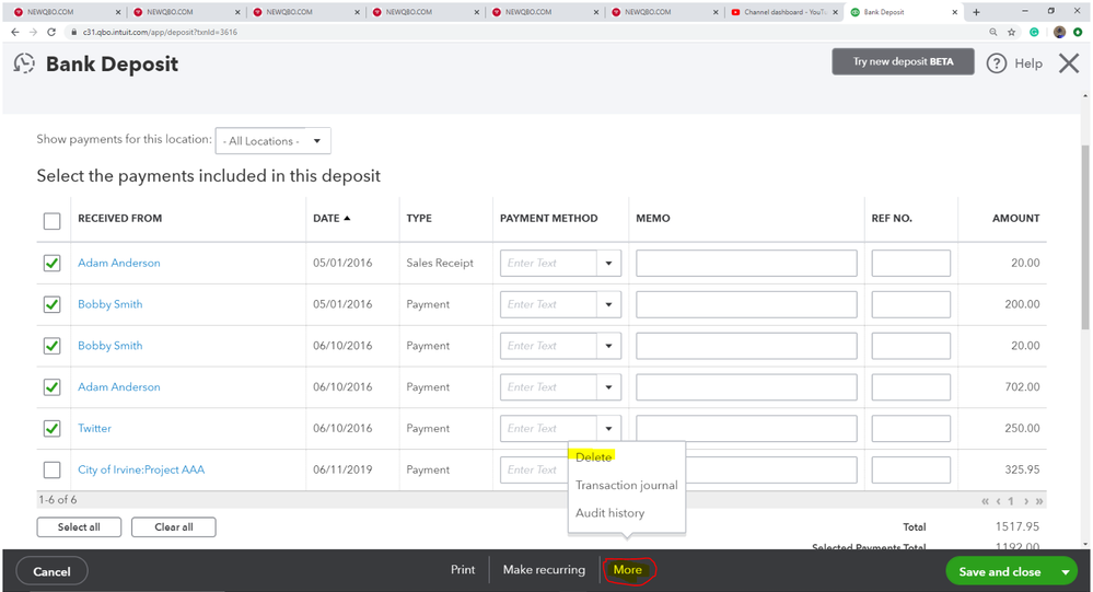 I want to delete the duplicate bank depost. I've click NEW/BANK DEPOSIT ...