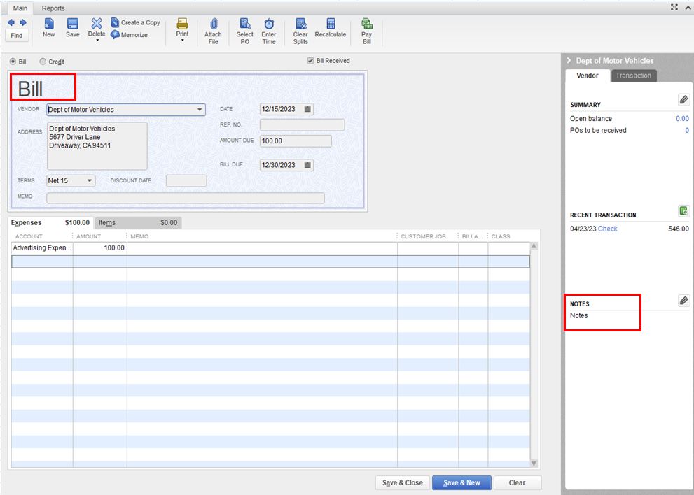 How can I add a "notes" option to vendor bills- similar to the "notes ...