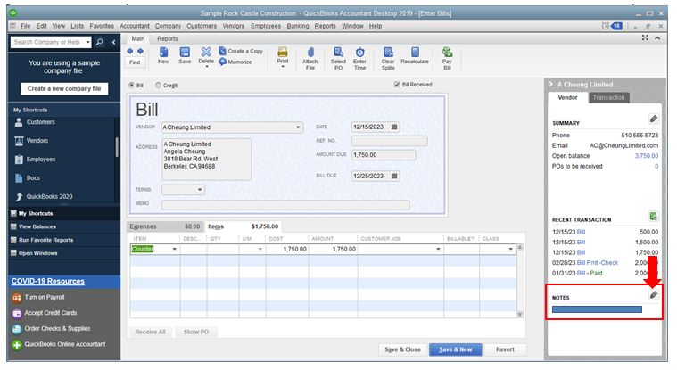 How can I add a "notes" option to vendor bills- similar to the "notes ...