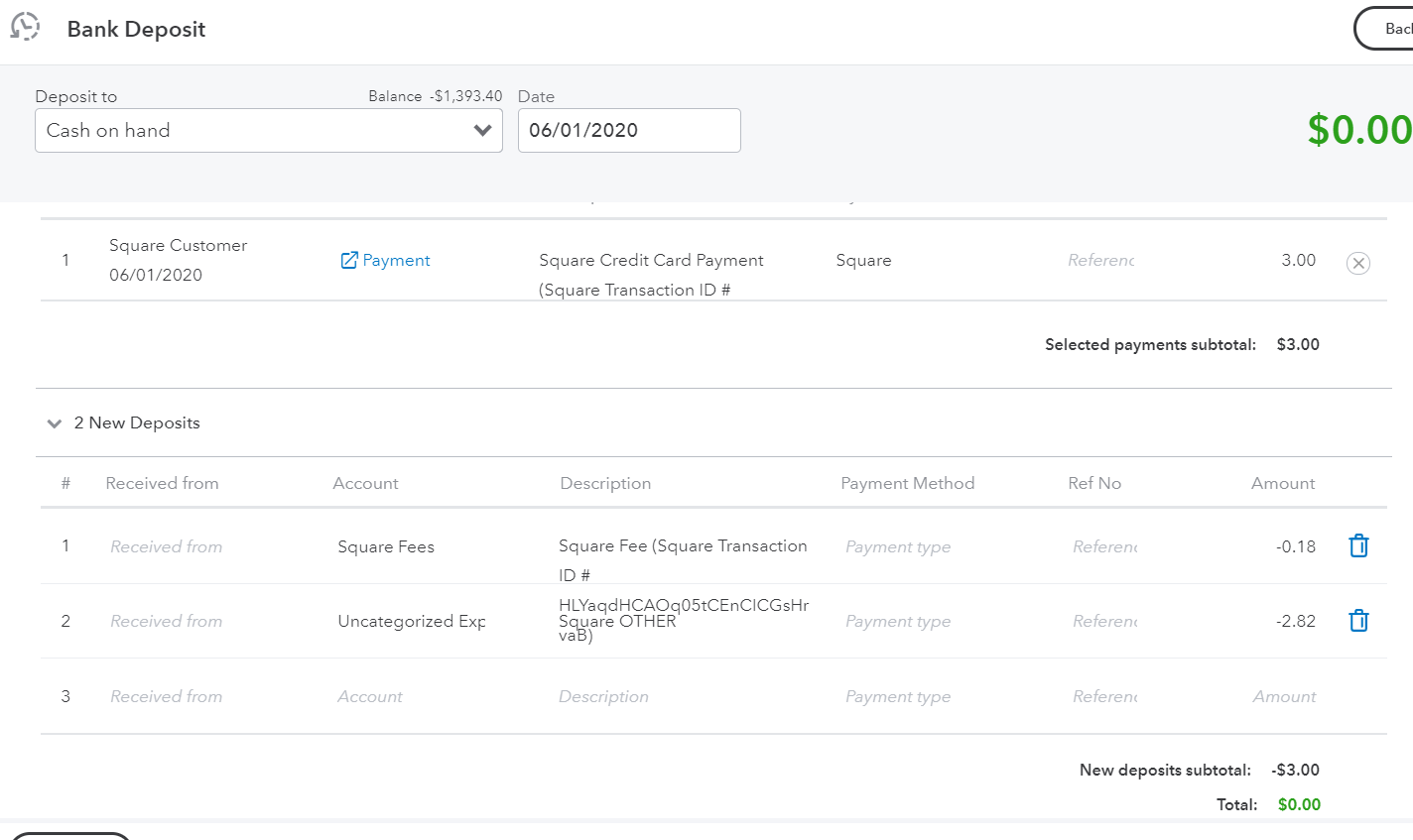Uncategorized Expense in deposit screen