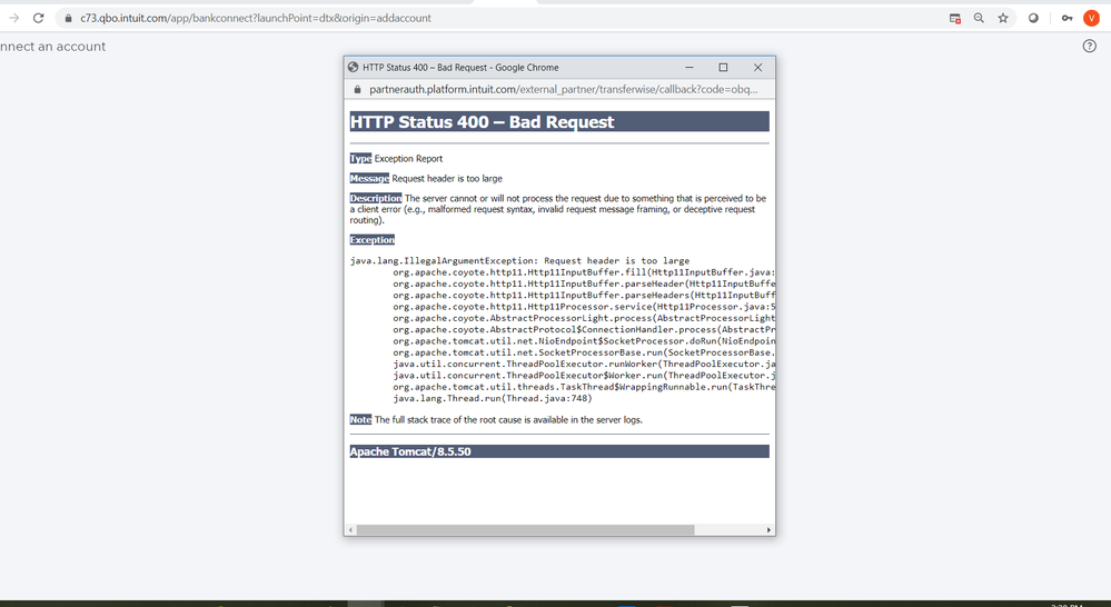 Solved: Error HTTP Status 400 when connecting to Transferwise from QB online. Please help. Thanks!