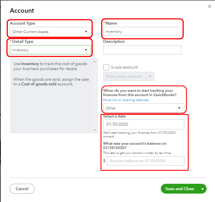 How can I record my opening balance for my inventory account?