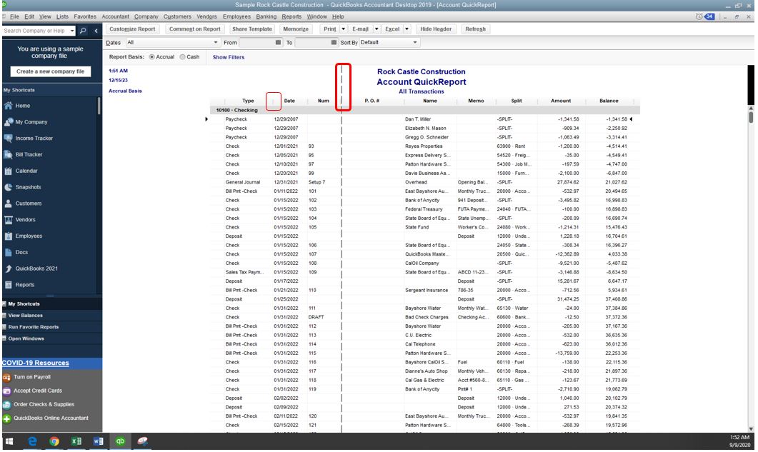 Quickbooks Desktop QuickReport column sizing