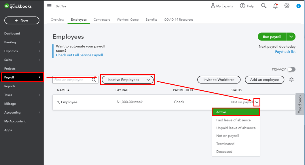 Solved: How to move an employee from inactive to active. I am using QB ...